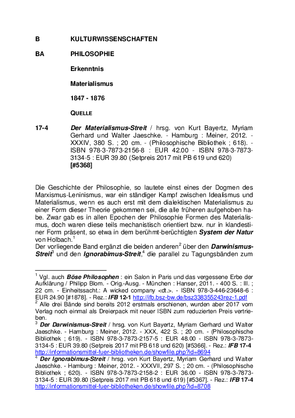 (PDF) IFB-Rezension Der Materialismus-Streit / hrsg. von Kurt Bayertz ...