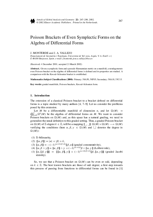 (PDF) Poisson Brackets of Even Symplectic Forms on the Algebra of Differential Forms