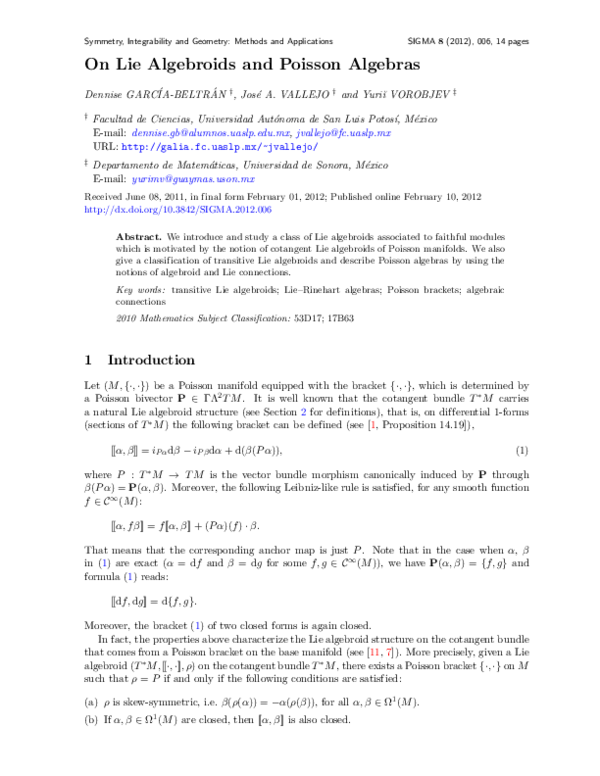 (PDF) On Lie Algebroids and Poisson Algebras