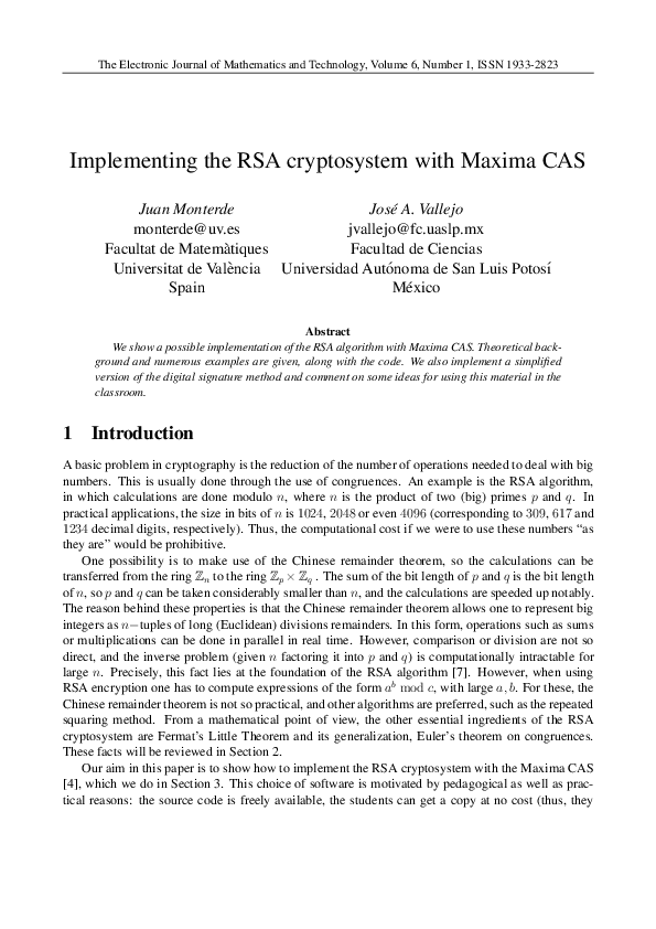 (PDF) Implementing the RSA cryptosystem with Maxima CAS