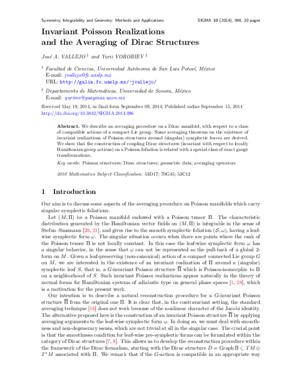 (PDF) Invariant Poisson Realizations and the Averaging of Dirac Structures | José Antonio ...