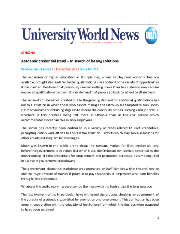 (PDF) Academic credential fraud – In search of lasting solutions