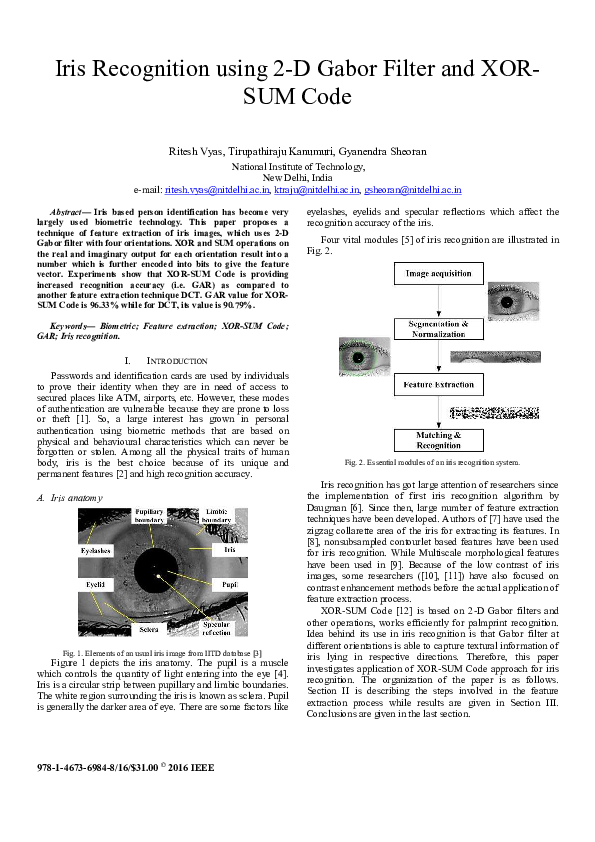 Pdf Iris Recognition Using 2 D Gabor Filter And Xor Sum Code