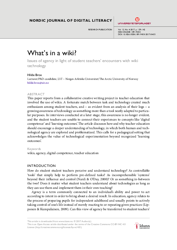 (PDF) What's in a wiki? Issues of agency in light of student teachers ...