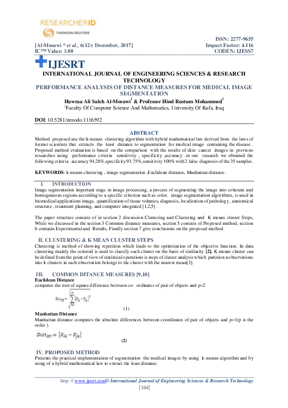 Pdf Performance Analysis Of Distance Measures For Medical Image Segmentation