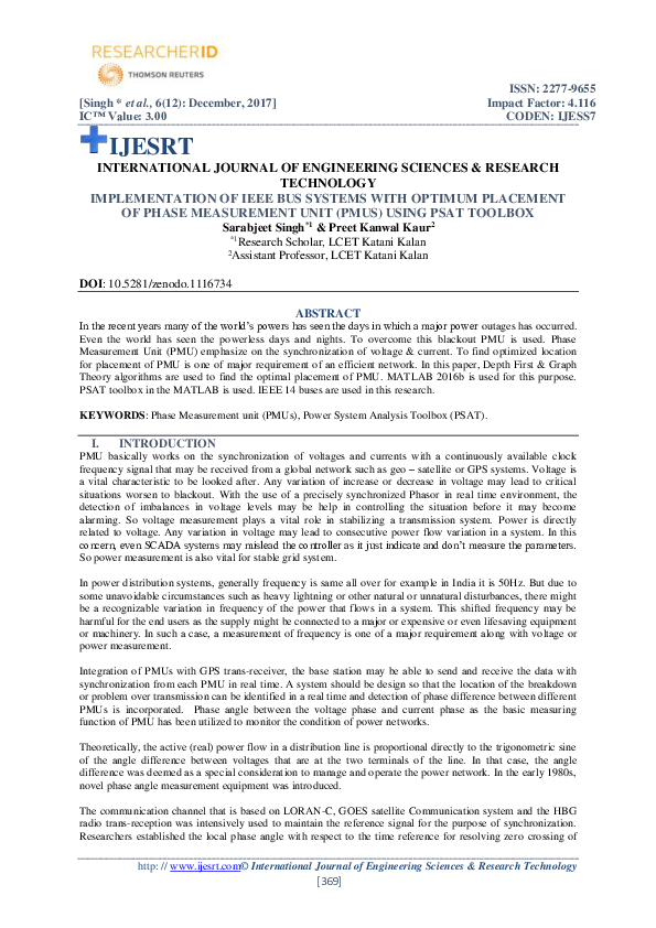 Pdf Implementation Of Ieee Bus Systems With Optimum Placement Of Phase Measurement Unit Pmus