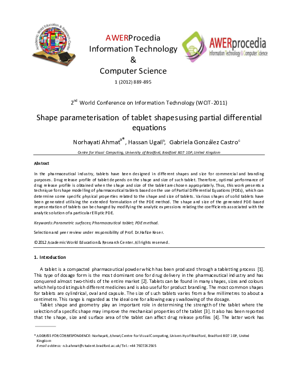 (PDF) Shape parameterisation of tablet shapes using partial differential equations