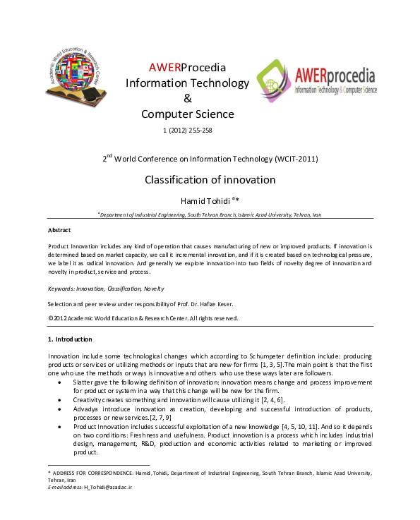(PDF) Classification of innovation