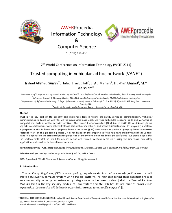Pdf Trusted Computing In Vehicular Ad Hoc Network Vanet