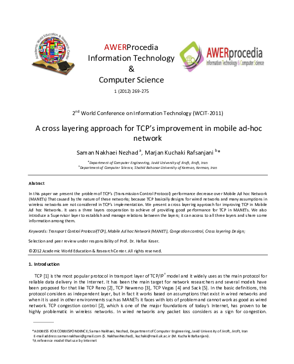 (PDF) A cross layering approach for TCP's improvement in mobile ad-hoc network