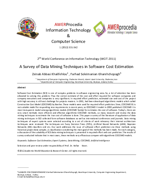 (PDF) A Survey of Data Mining Techniques in Software Cost Estimation