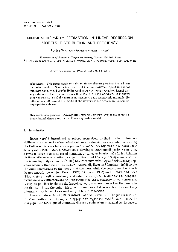 Pdf Minimum Disparity Estimation In Linear Regression Models