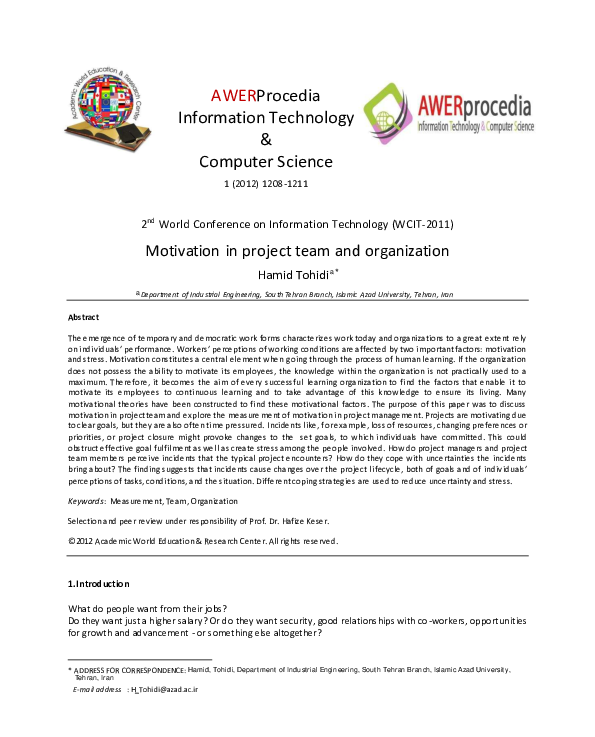 (PDF) Motivation in project team and organization