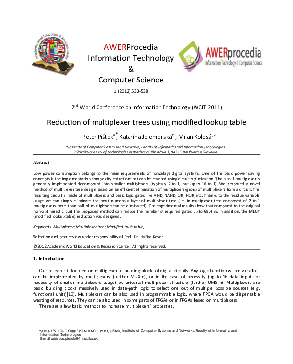 (PDF) Reduction of multiplexer trees using modified lookup table | Science Park Research ...