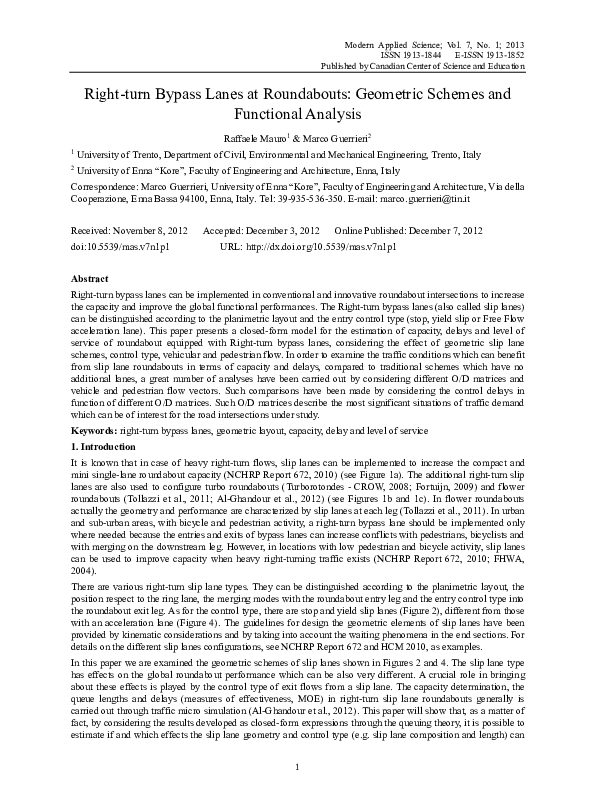 (PDF) Right-turn Bypass Lanes at Roundabouts: Geometric Schemes and ...