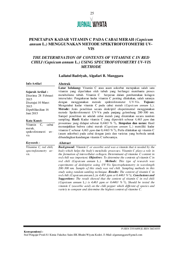 (PDF) PENETAPAN KADAR VITAMIN C PADA CABAI MERAH (Capsicum annum L ...