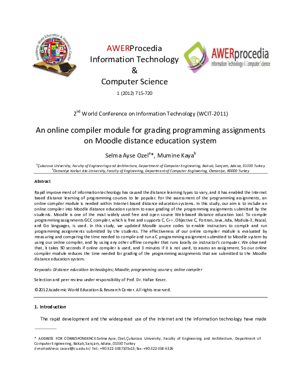 (PDF) An online compiler module for grading programming assignments on Moodle distance education ...