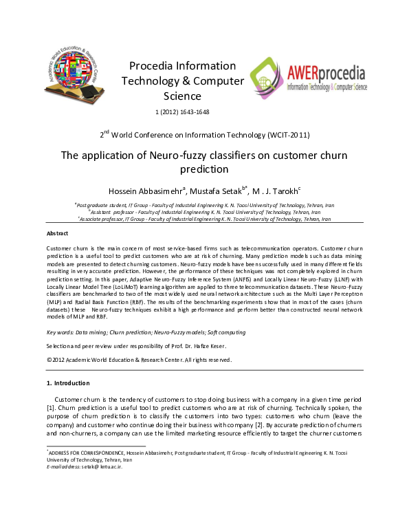 (PDF) The application of Neuro-fuzzy classifiers on customer churn prediction