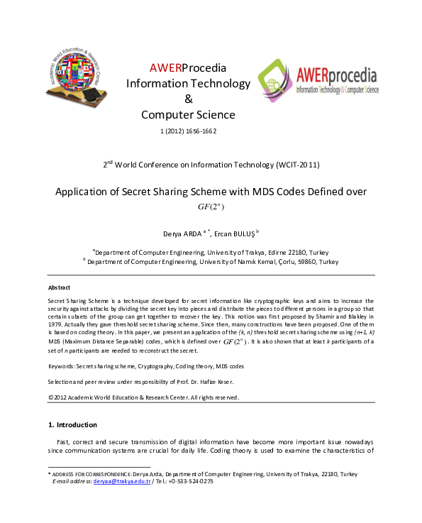 (PDF) Application of Secret Sharing Scheme with MDS Codes Defined over