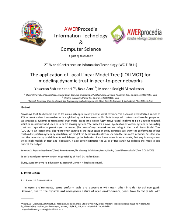 (PDF) The application of Local Linear Model Tree (LOLIMOT) for modeling dynamic trust in peer-to ...