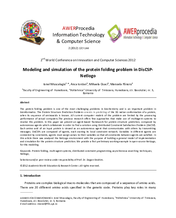 (PDF) Modeling and simulation of the protein folding problem in DisCSP- Netlogo | Science Park ...