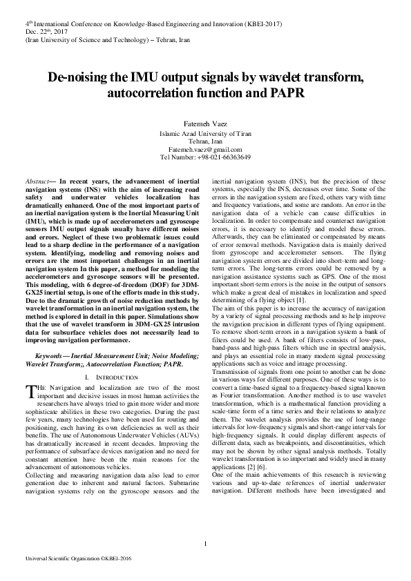 (PDF) De-noising the IMU output signals by wavelet transform, autocorrelation function and PAPR