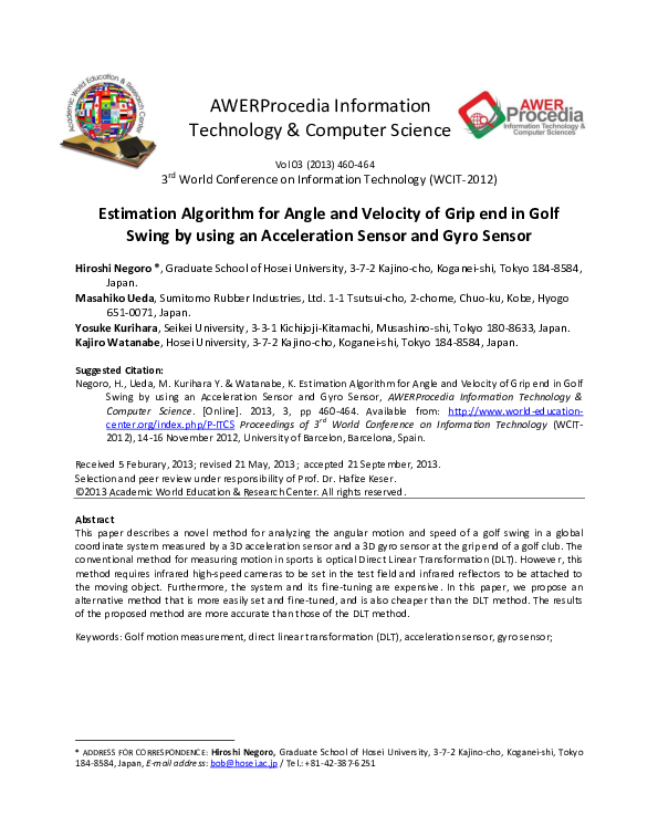 Pdf Estimation Algorithm For Angle And Velocity Of Grip End In Golf