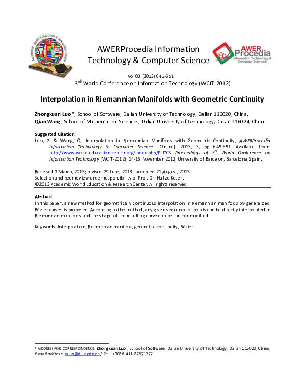 (PDF) Interpolation in Riemannian Manifolds with Geometric Continuity