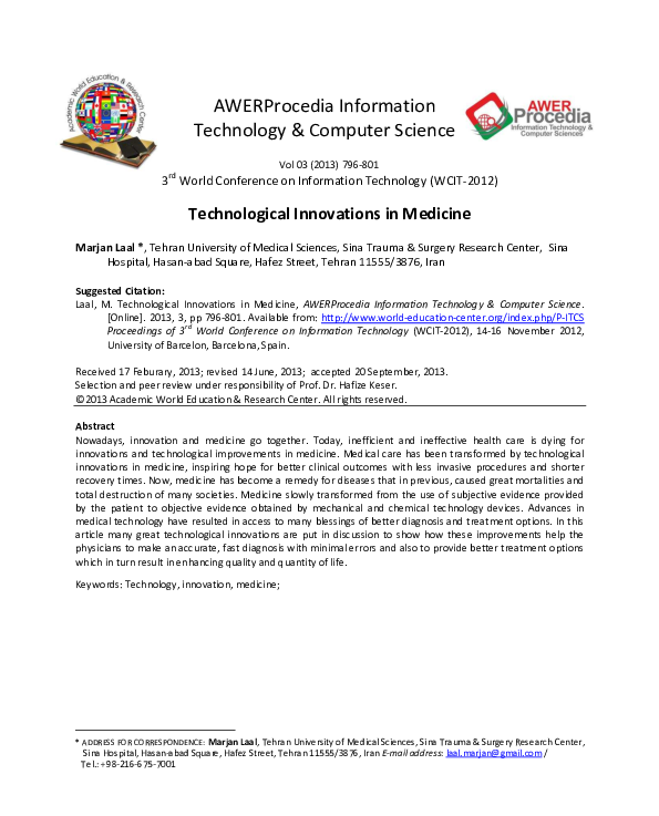 (PDF) Technological Innovations in Medicine