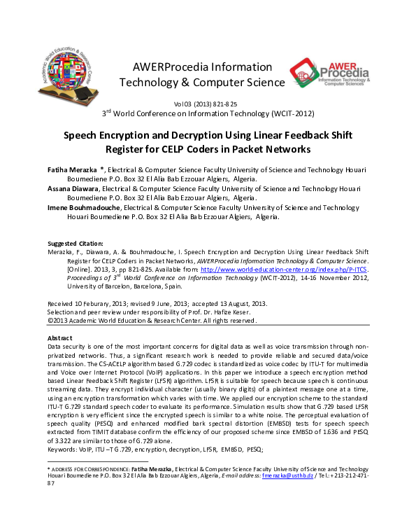 Pdf Speech Encryption And Decryption Using Linear Feedback Shift Register For Celp Coders In