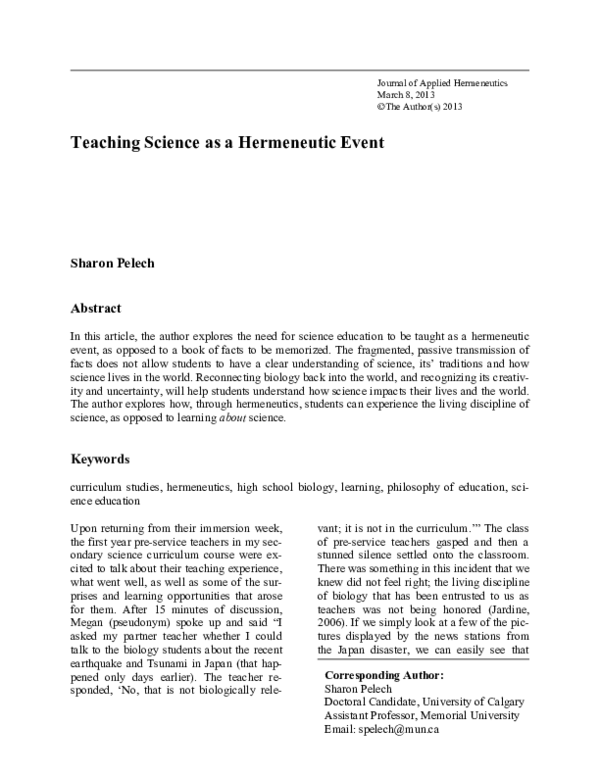 (PDF) Teaching Science as a Hermeneutic Event