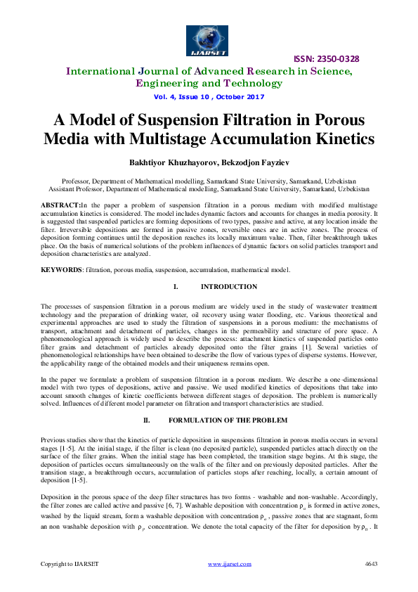 (PDF) A Model of Suspension Filtration in Porous Media with Multistage ...