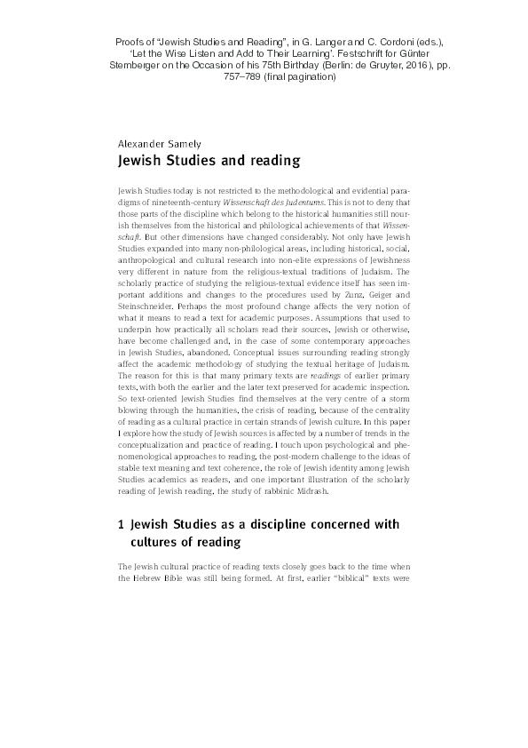 (PDF) Samely Jewish Studies and Reading proofs | Alexander Samely ...