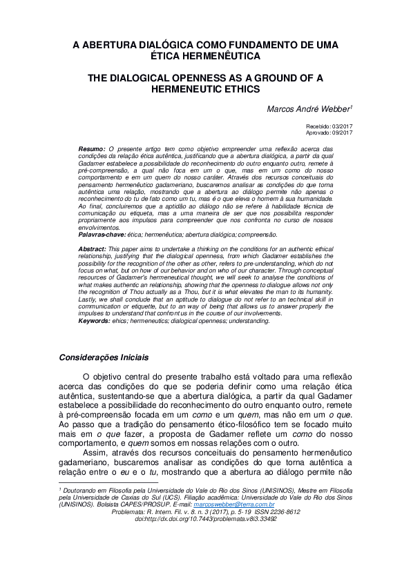 (PDF) A ABERTURA DIALÓGICA COMO FUNDAMENTO DE UMA ÉTICA HERMENÊUTICA