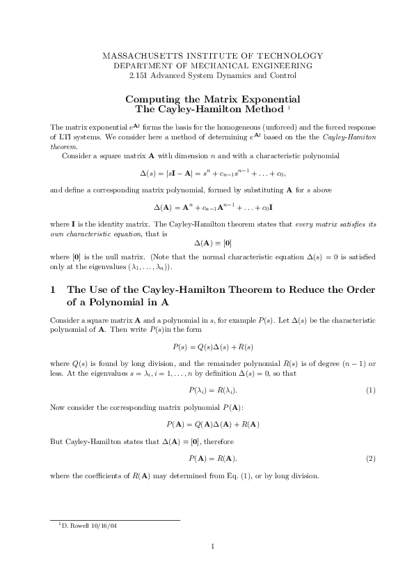 (PDF) Computing the Matrix Exponential The Cayley-Hamilton Method 1