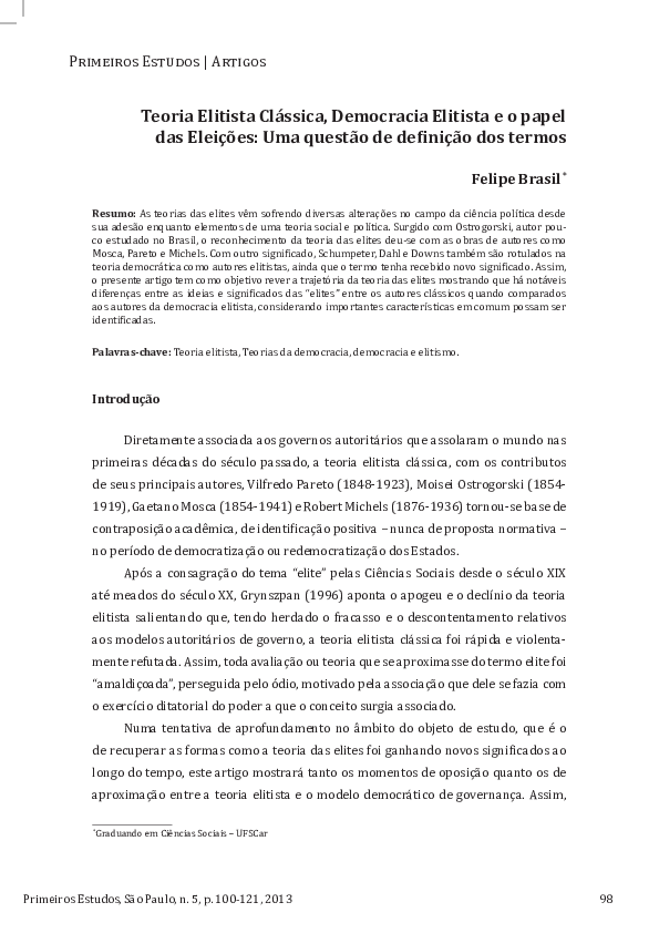 (PDF) Teoria Elitista Clássica, Democracia Elitista e o papel das ...