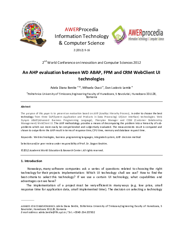 (PDF) An AHP evaluation between WD ABAP, FPM and CRM WebClient UI technologies