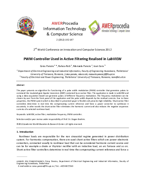 Pdf Pwm Controller Used In Active Filtering Realised In Labview
