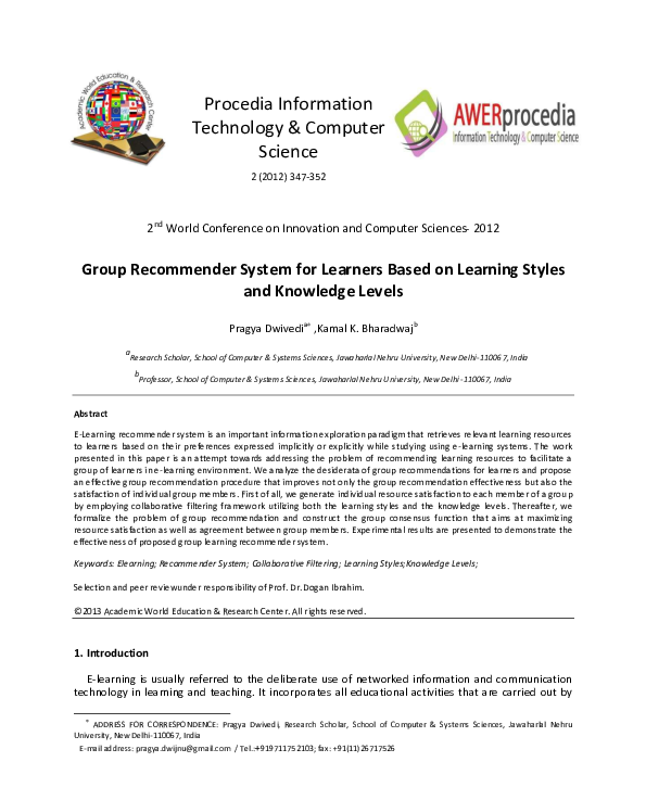 Pdf Group Recommender System For Learners Based On Learning Styles And Knowledge Levels