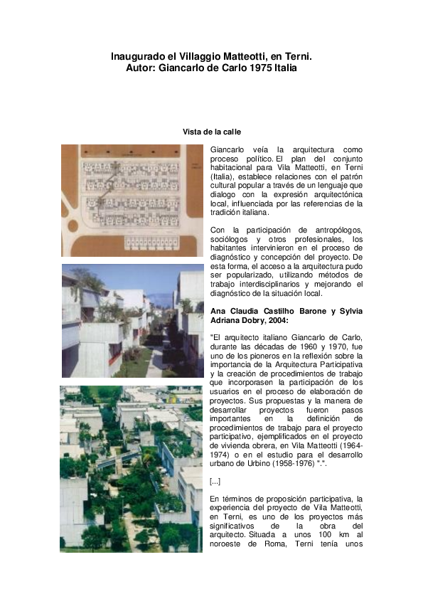 (DOC) Inaugurado el Villaggio Matteotti, en Terni. Autor: Giancarlo de ...