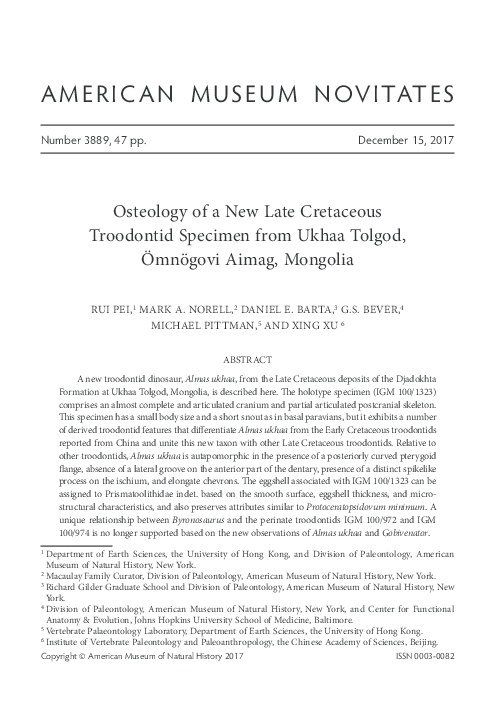 (PDF) Osteology of a New Late Cretaceous Troodontid Specimen from Ukhaa ...