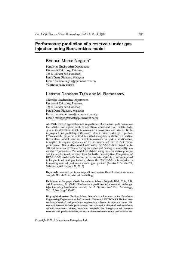 (PDF) Performance prediction of a reservoir under gas