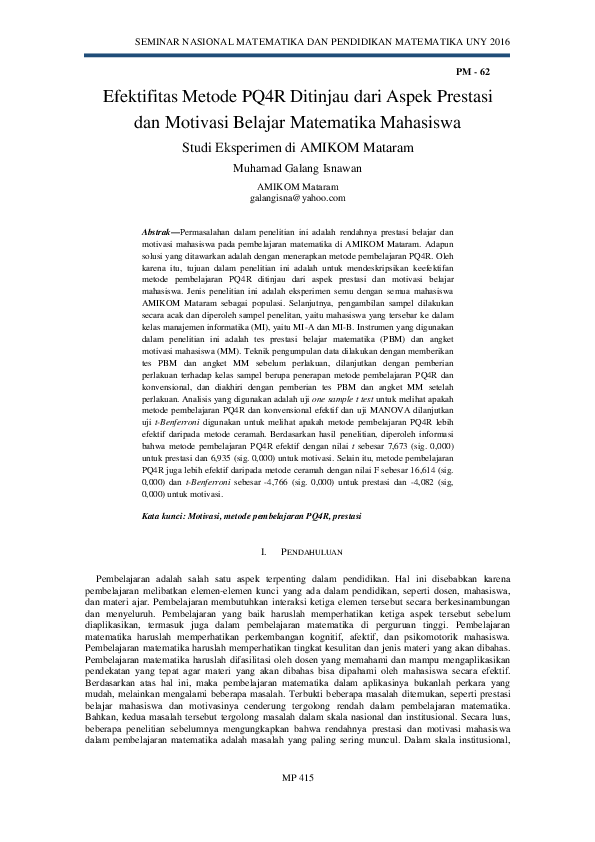 (PDF) Efektifitas Metode PQ4R Ditinjau dari Aspek Prestasi dan Motivasi ...