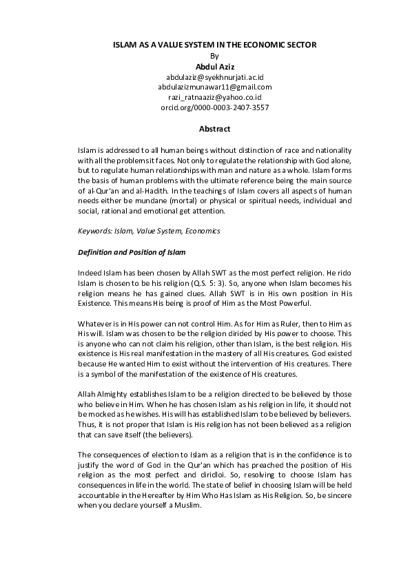 (DOC) ISLAM AS A VALUE SYSTEM IN THE ECONOMIC SECTOR