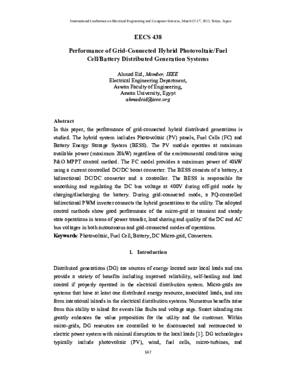Pdf Performance Of Grid Connected Hybrid Photovoltaic Fuel Cell Battery Distributed Generation