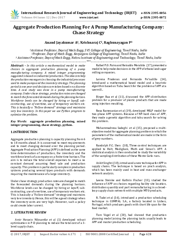 (PDF) Aggregate Production Planning For A Pump Manufacturing Company: Chase Strategy
