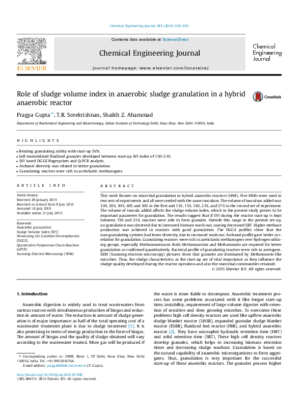 (PDF) Role of sludge volume index in anaerobic sludge granulation in a hybrid anaerobic reactor