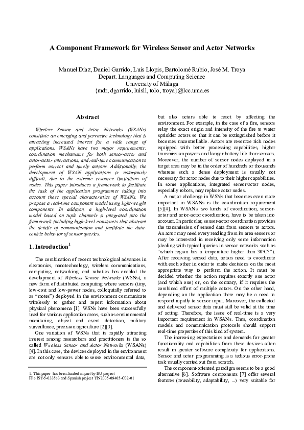 Pdf A Component Framework For Wireless Sensor And Actor Networks