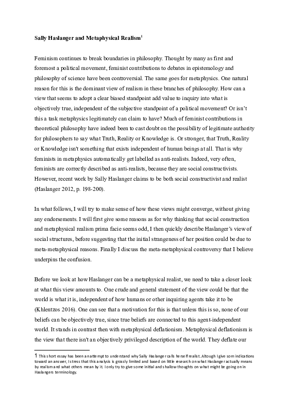 (DOC) Sally Haslanger and Metaphysical Realism