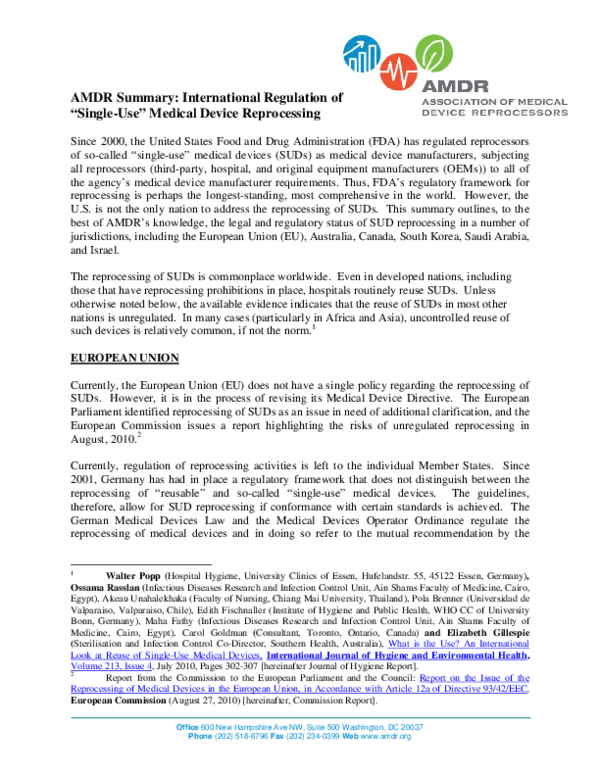 (PDF) International Regulation of Medical Device Reprocessing 2014 ...